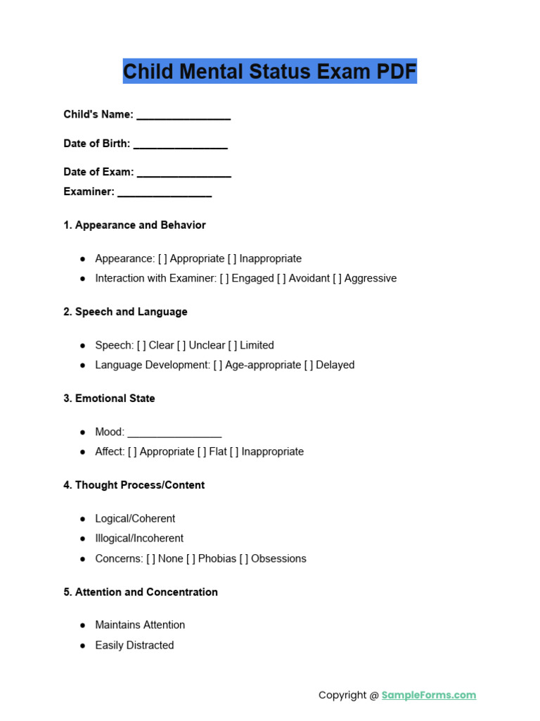 Child Mental Status Exam Template | PDF