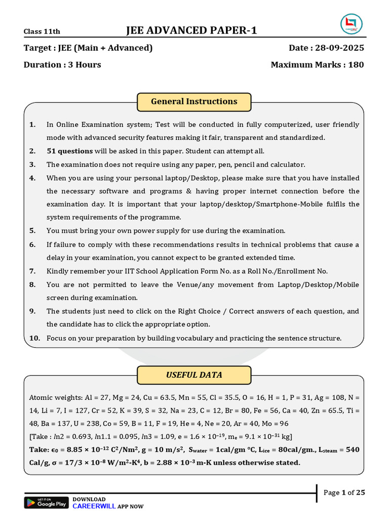 JEE Advanced Test - 03 (Paper -01) _ 28-Sep-2025 | PDF | Friction | Force