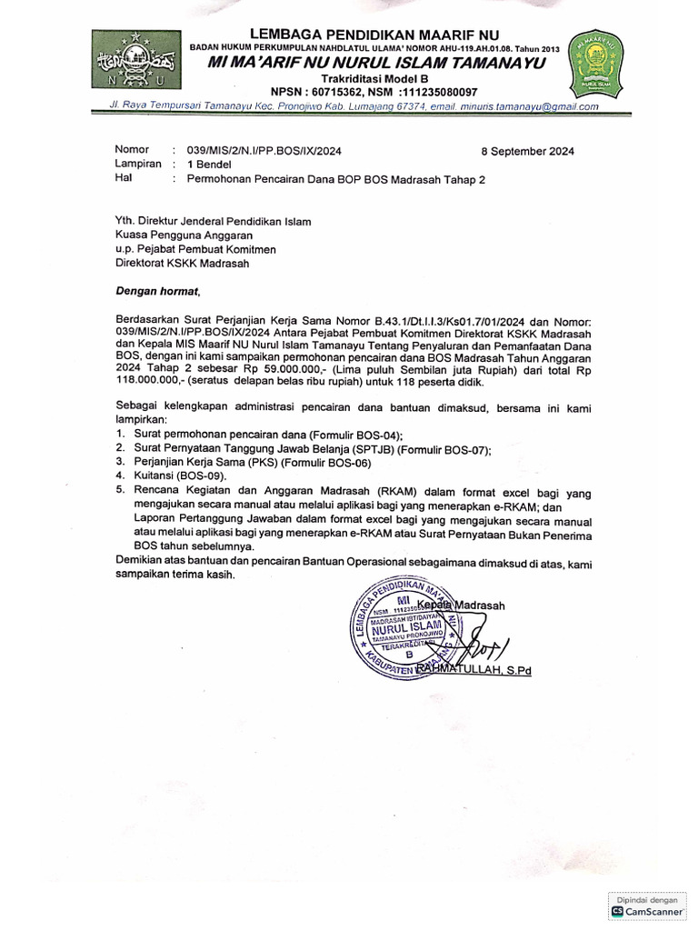 Permohonan Pencairan Bos 2024 | PDF