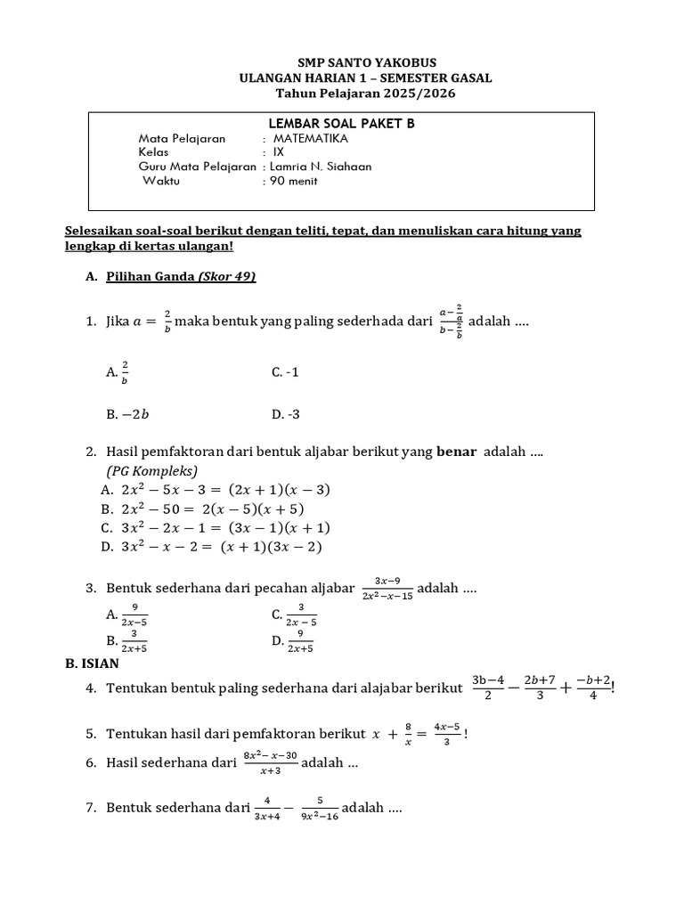 PH Mat Paket B Kls. 9 Operasi Aljabar | PDF