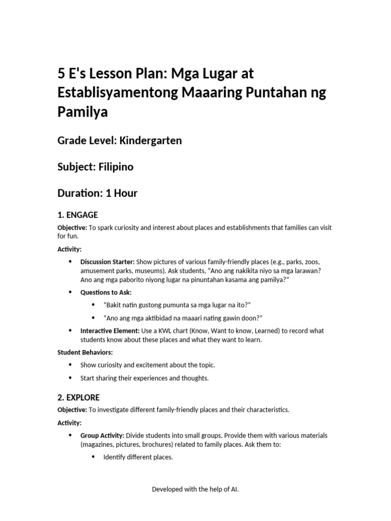 5 E's Lesson Plan On Family Leisure Destinations | PDF | Learning ...