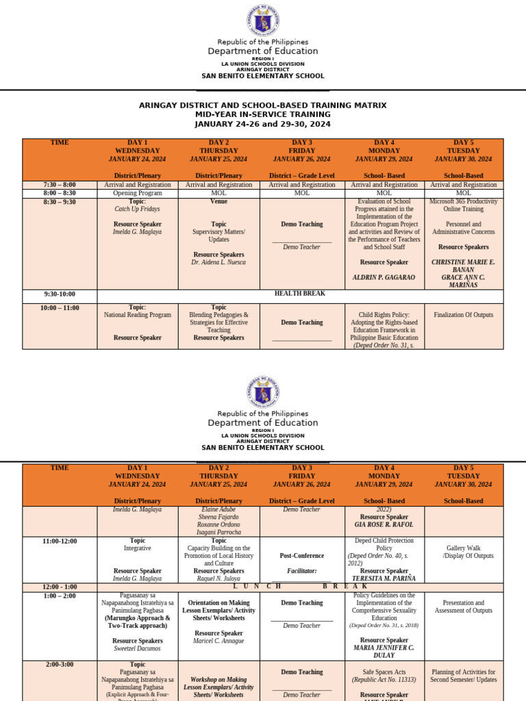 Aringay District Mid-Year Training Schedule | PDF | Learning