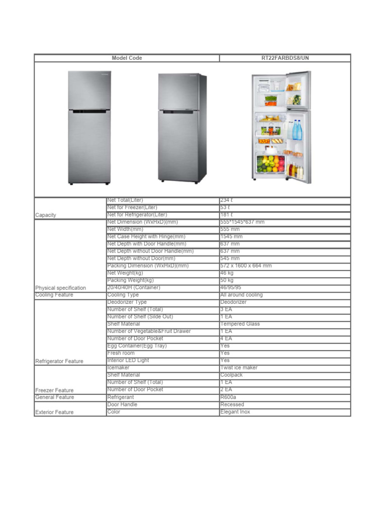 RT22FARBDS8/UN Refrigerator Specs | PDF
