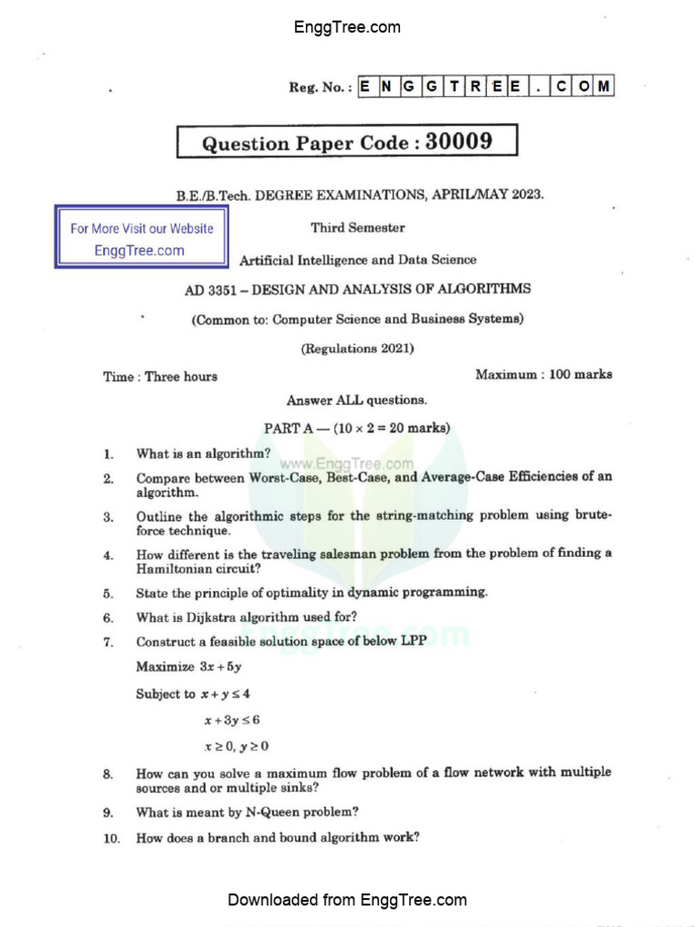 AD3351 Design and Analysis of Algorithms Apr May 2023 Question Paper ...