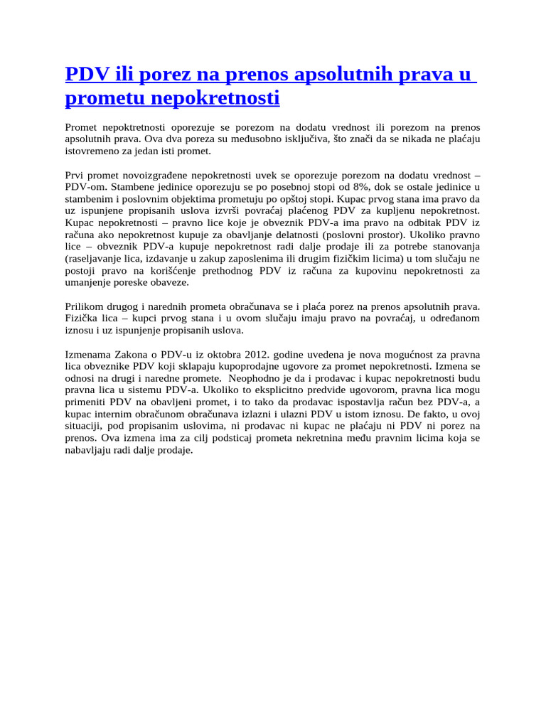 PDV Ili Porez Na Prenos Apsolutnih Prava U Prometu Nepokretnosti | PDF