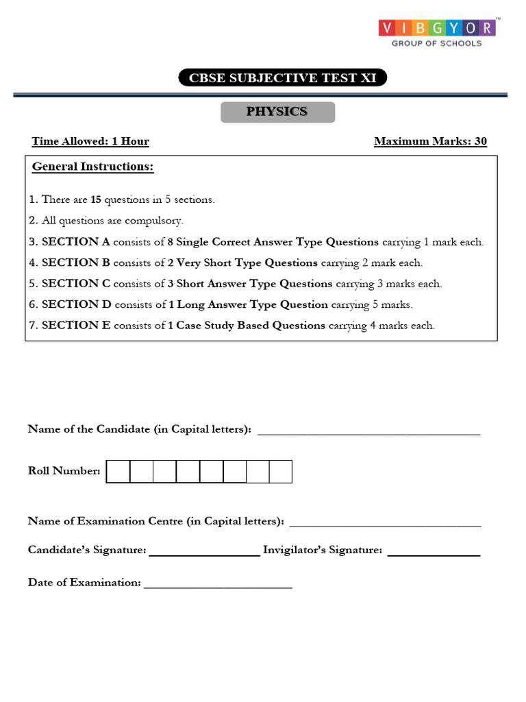 Physics Subjective Test XI Format | PDF | Acceleration | Applied And ...