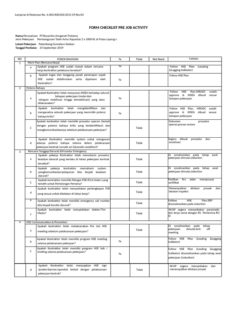 Form Checklis Pre Job Activity | PDF