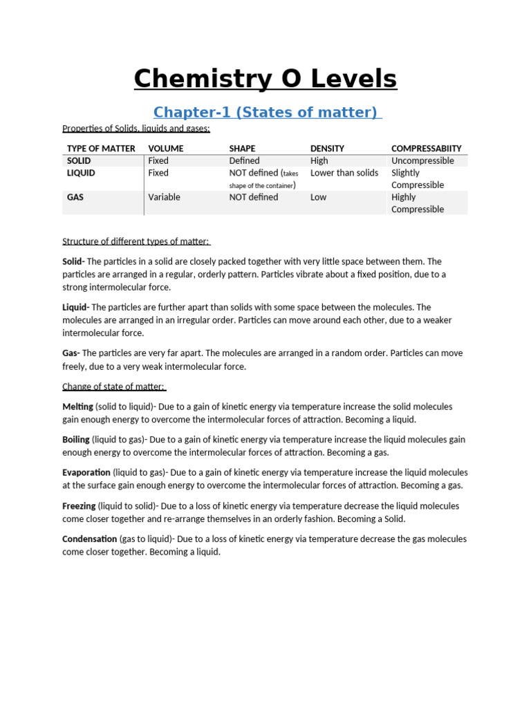 O Level Chemistry: States of Matter | PDF | Gases | Liquids