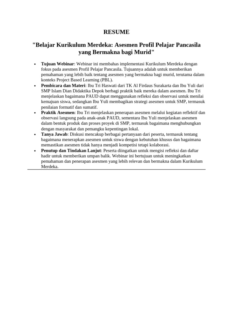 RESUME Asesmen Profil Pelajar Pancasila Yang Bermakna Bagi Murid | PDF
