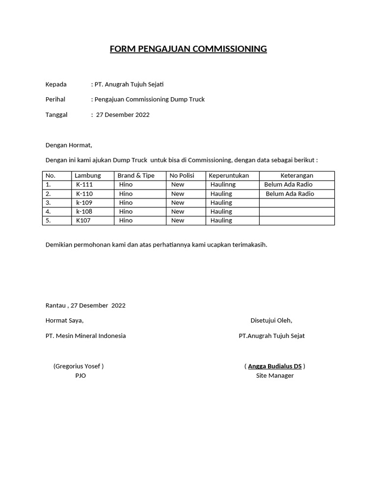 Form Pengajuan Commissioning | PDF
