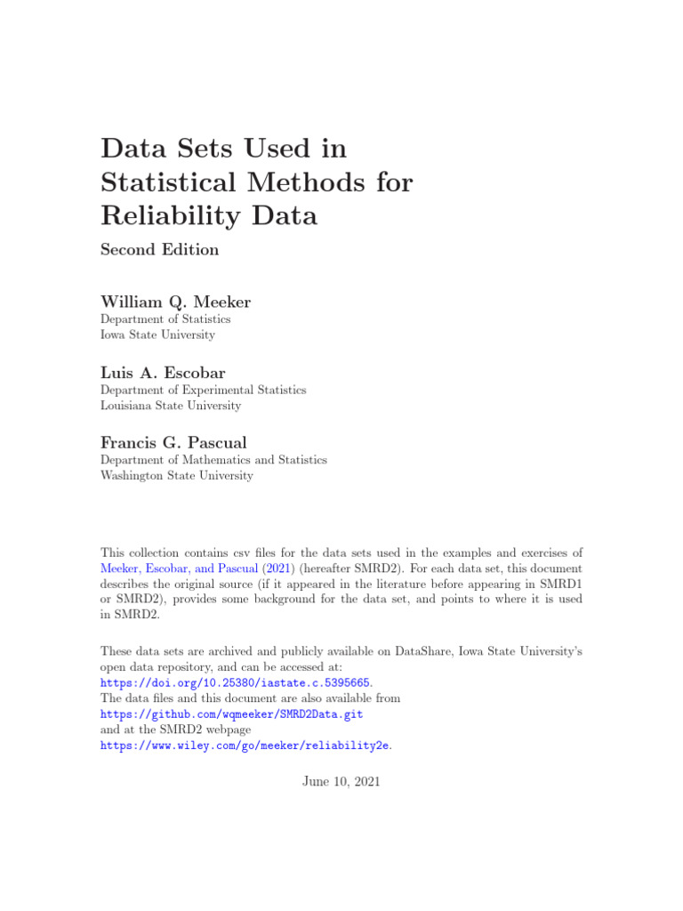01 SMRD2 DatasetDescriptions | PDF | Reliability Engineering | Statistics
