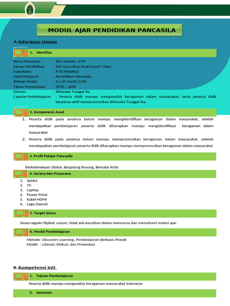 RPP Header Footer Modul Ajar Ma Pend - Pancasila Kelas Xi Bhineka ...