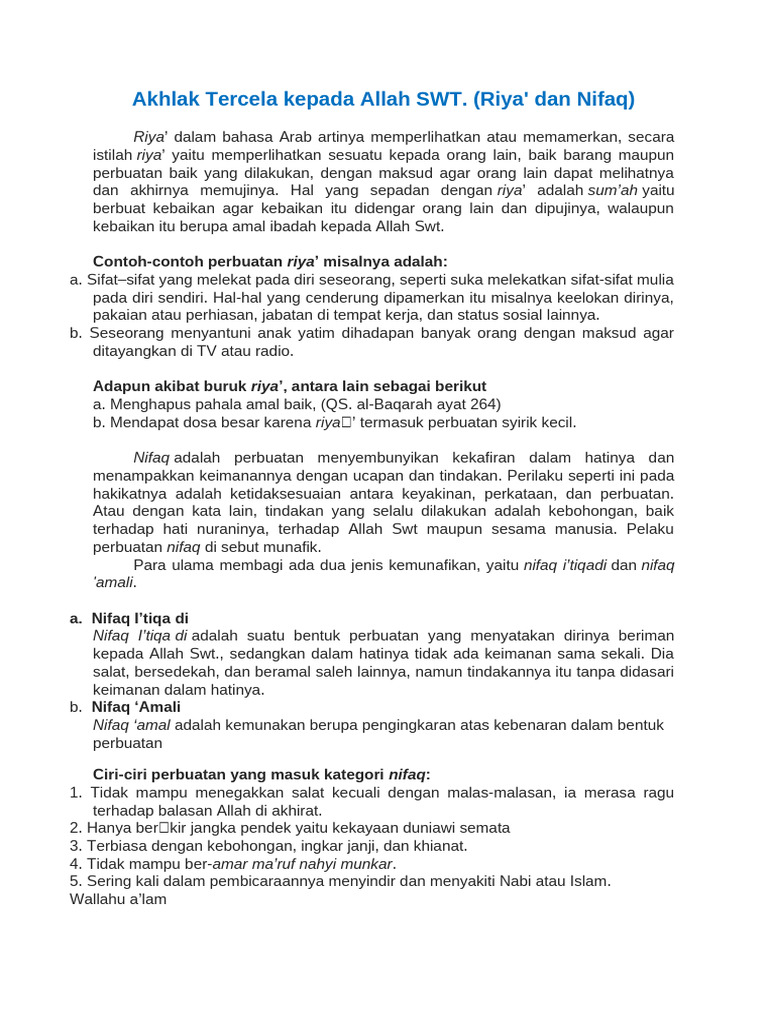 Akhlak Tercela Kepada Allah SWT | PDF