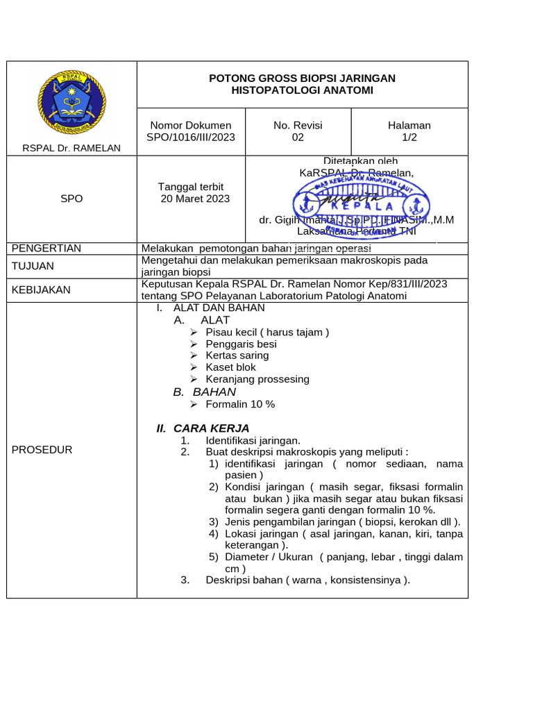 Spo Potong Gross Biopsi Jaringan Histopatologi Anatomi | PDF