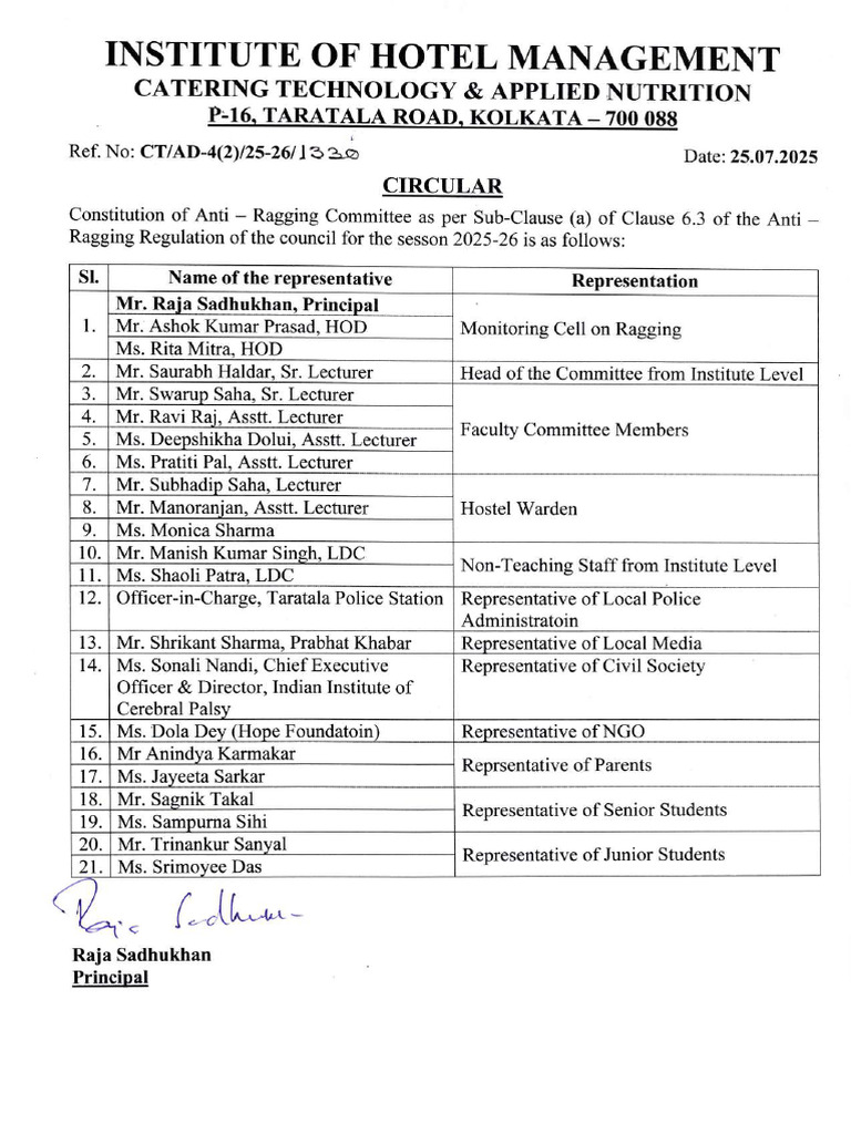 Circular Constitution of Anti Ragging Committee | PDF