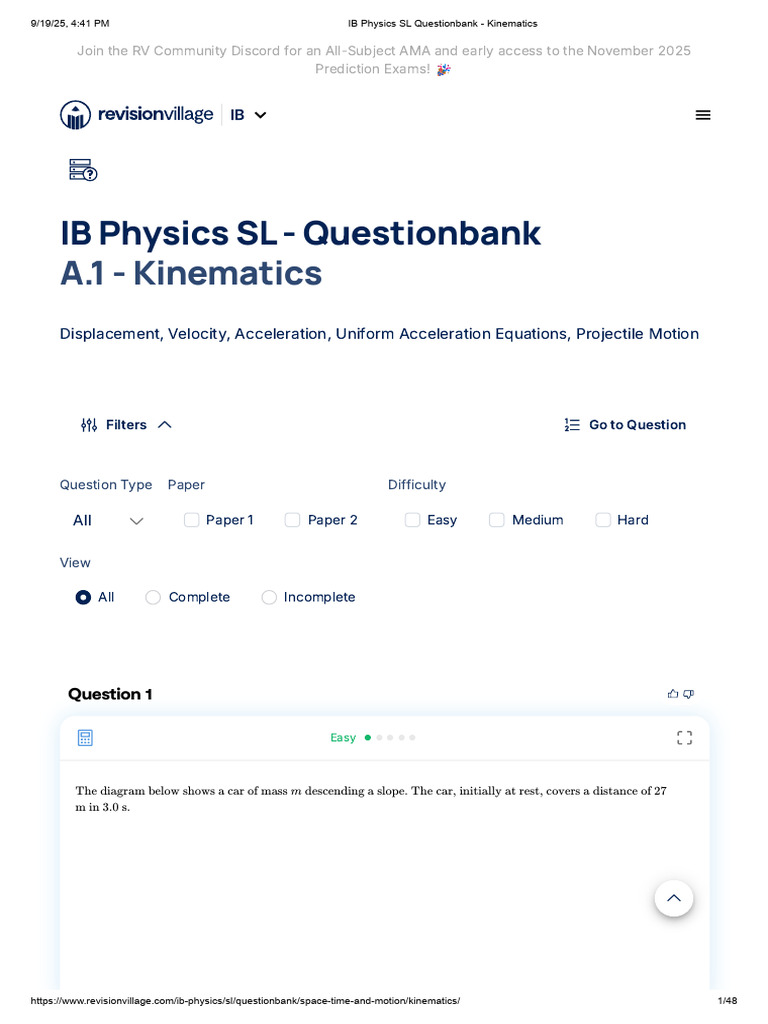 IB Physics SL Questionbank - Kinematics | PDF | Velocity | Kinematics