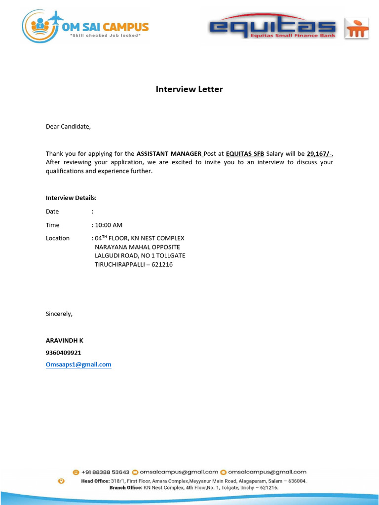 Invitation For Interview (EQUITAS A) | PDF