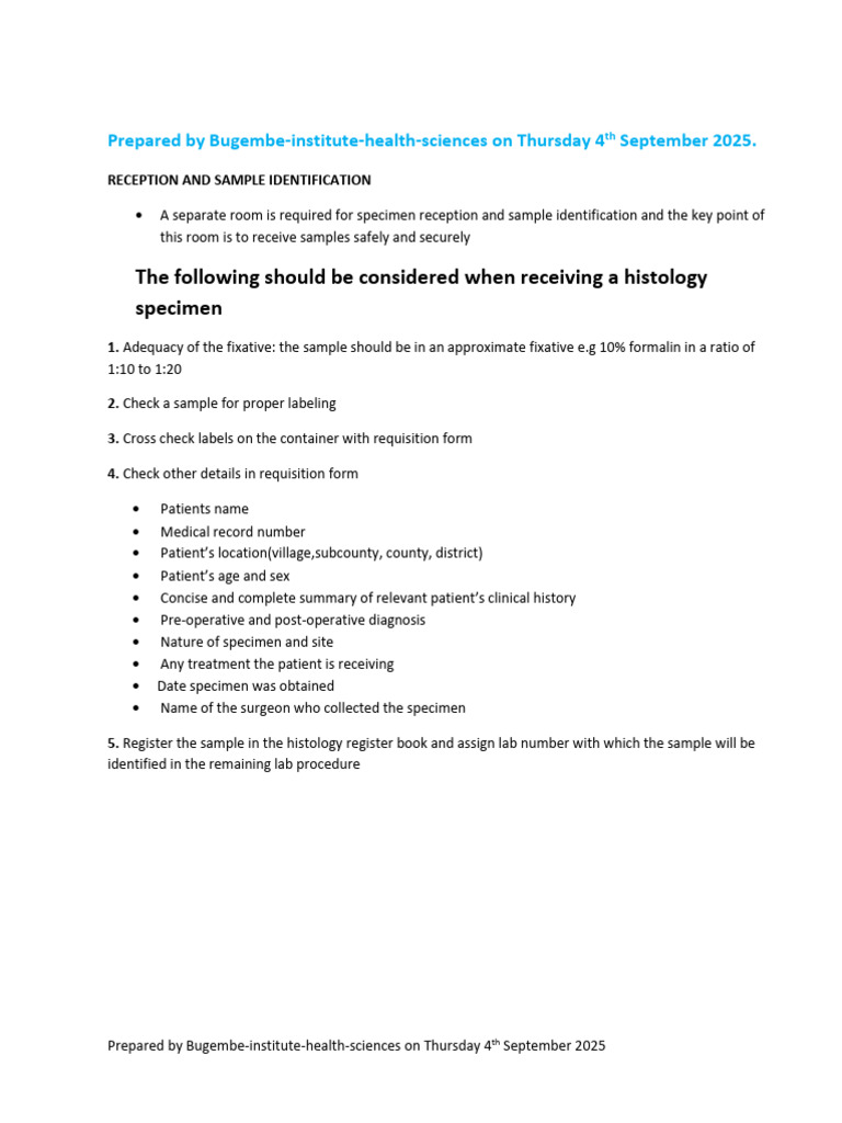 Histology Sample Reception Guidelines | PDF
