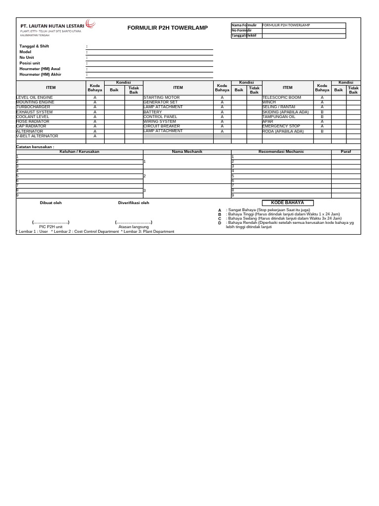 Formulir P2H Towerlamp dan Prosedur | PDF