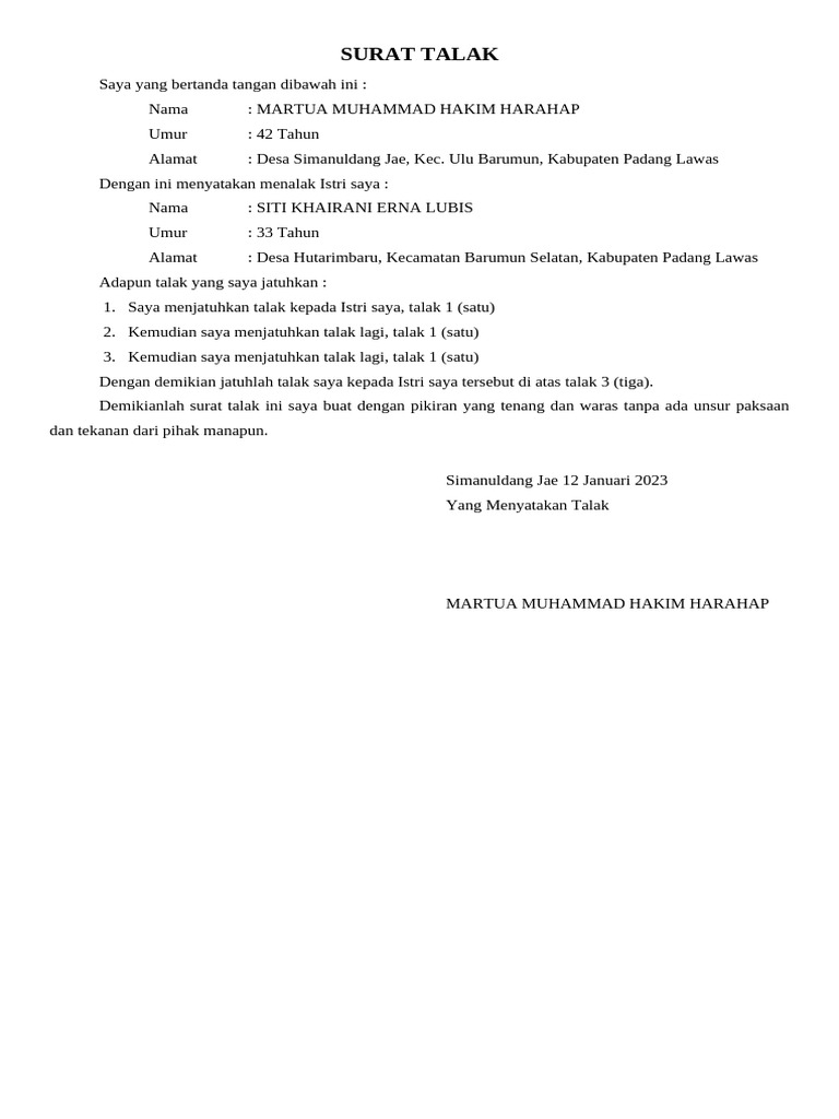 Surat Talak Martua Hakim Harahap | PDF