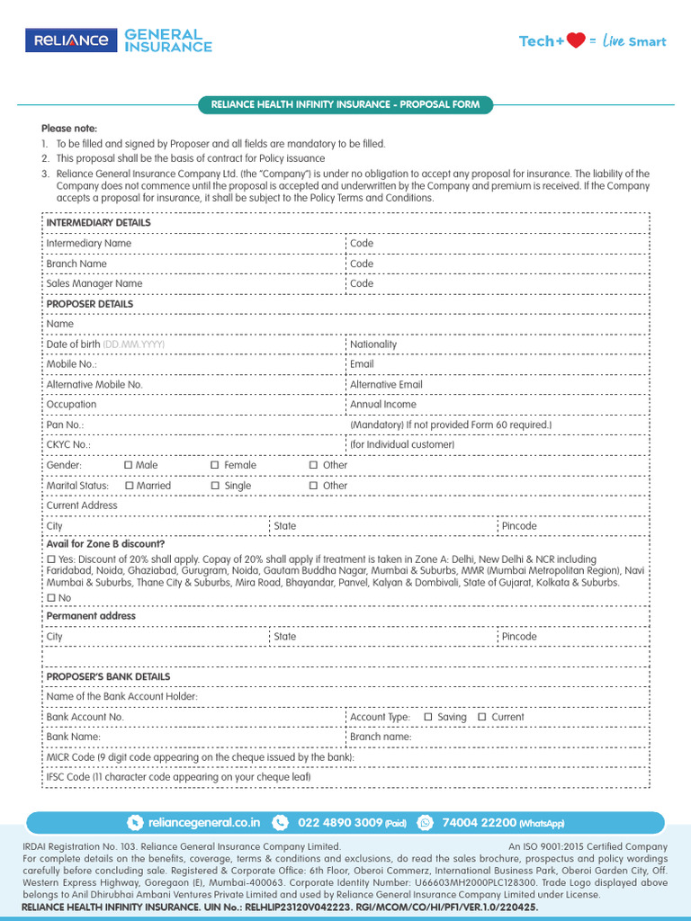 Reliance Health Infinity Insurance Proposal | PDF | Respiratory ...