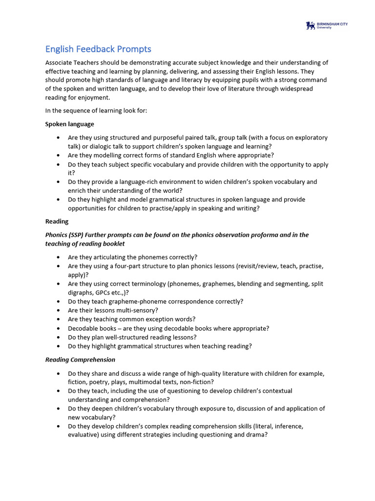 English Teaching Feedback Guidelines | PDF | Phonics | Reading ...