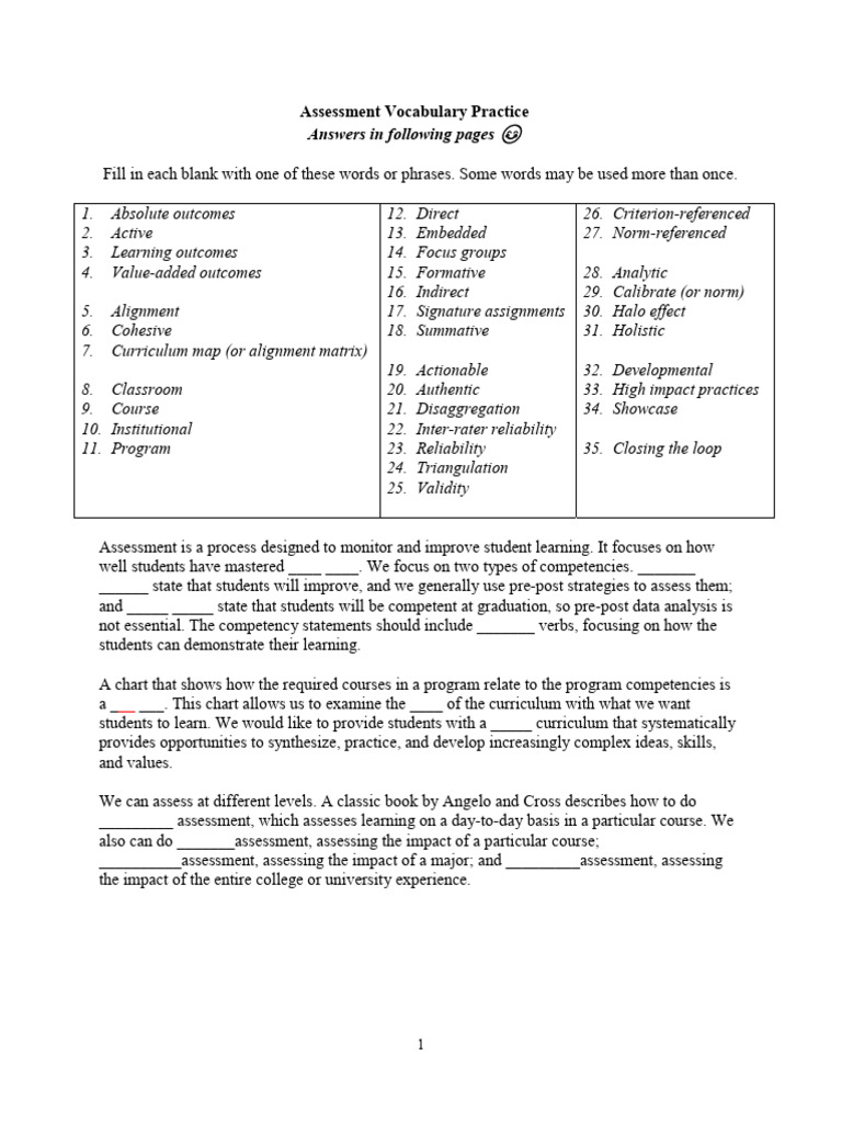 Assessment Vocabulary Practice | PDF | Curriculum | Rubric (Academic)