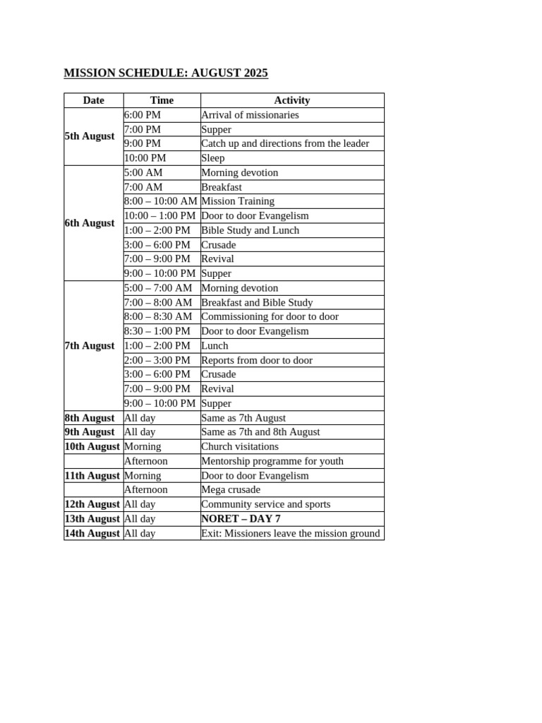 August 2025 Mission Schedule | PDF