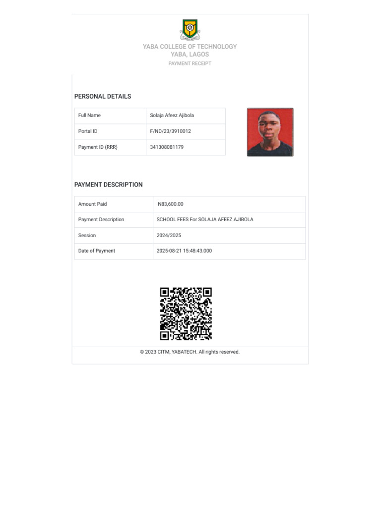 Payment Receipt For Solaja Afeez Ajibola | PDF