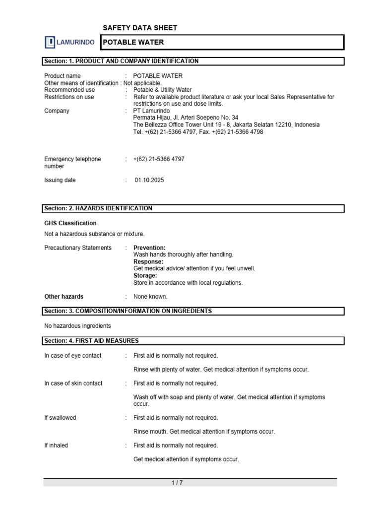 Potable Water Safety Data Sheet | PDF | Toxicity | Personal Protective ...