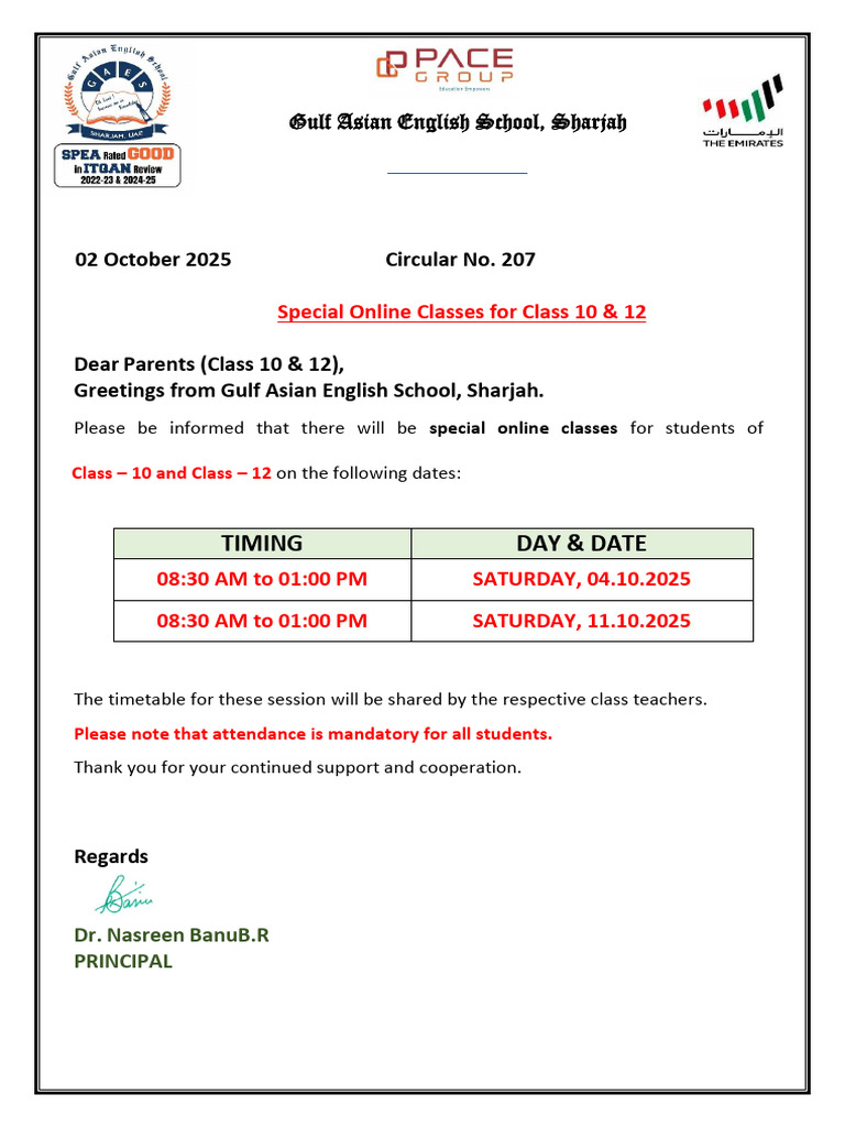Special Online Classes For Class 10 & 12 Circular No-207 | PDF