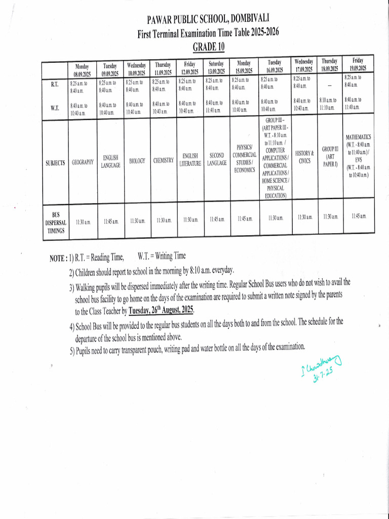 Grade 10 First Term Exam Timetable and Portion 2025-26!31!07 2025 | PDF