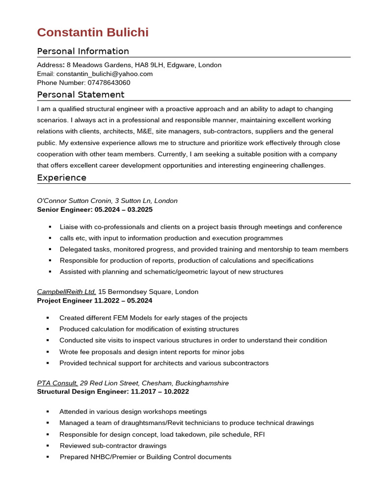 Constantin Bulichi: Structural Engineer Profile | PDF