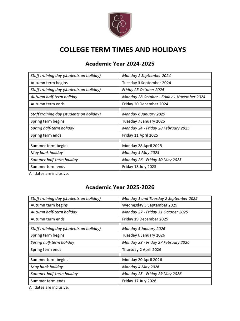 Leicester College Term Dates 2024-2026 | PDF
