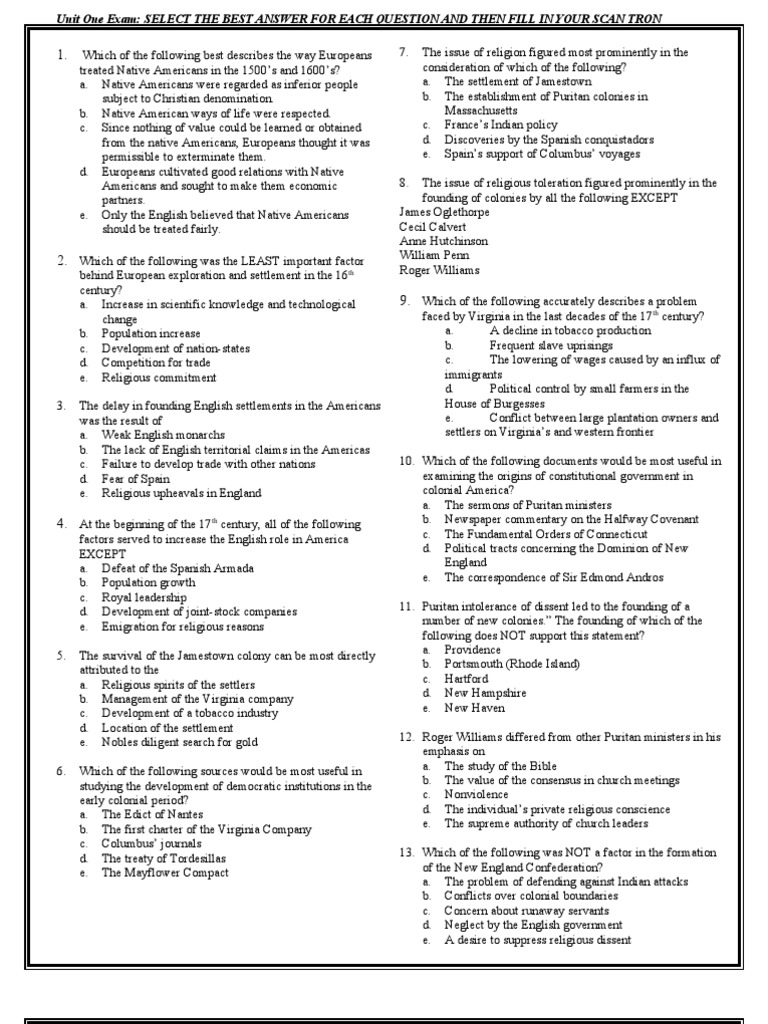 APUSH Unit 1 Exam Review Questions | PDF | Thirteen Colonies | American ...