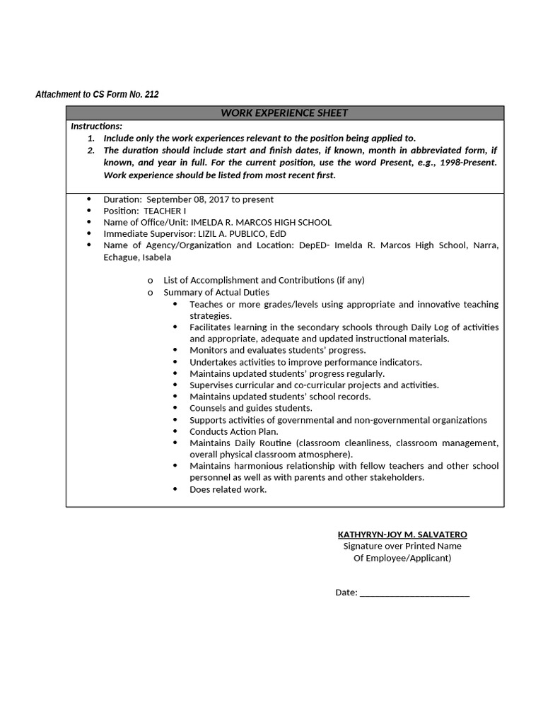 Work Experience Sheet for Teacher I Position | PDF | Teachers ...