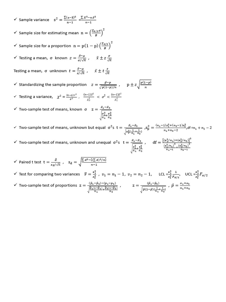 Statistical Testing Formulas Guide | PDF | Sample Size Determination ...