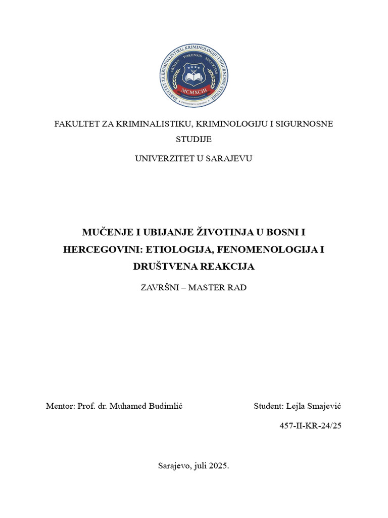 Mučenje I Ubijanje Životinja U Bosni I Hercegovini: Etiologija ...