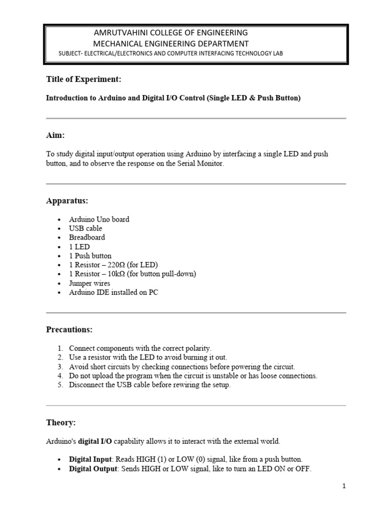 Expt No 01 Introduction To Arduino and Digital I - O Control | PDF ...