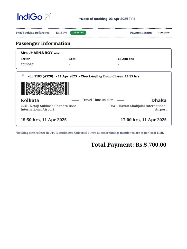 Flight Booking Confirmation: CCU-DAC | PDF