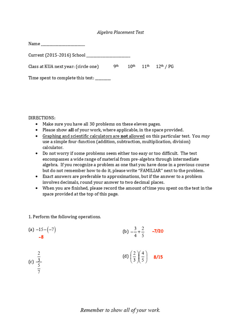 Algebra Placement Test Instructions | PDF | Multiplication | Polynomial
