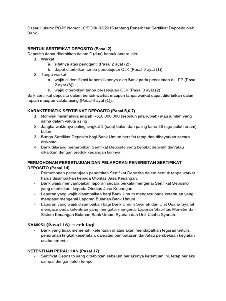 Panduan Sertifikat Deposito POJK 10/2015 | PDF