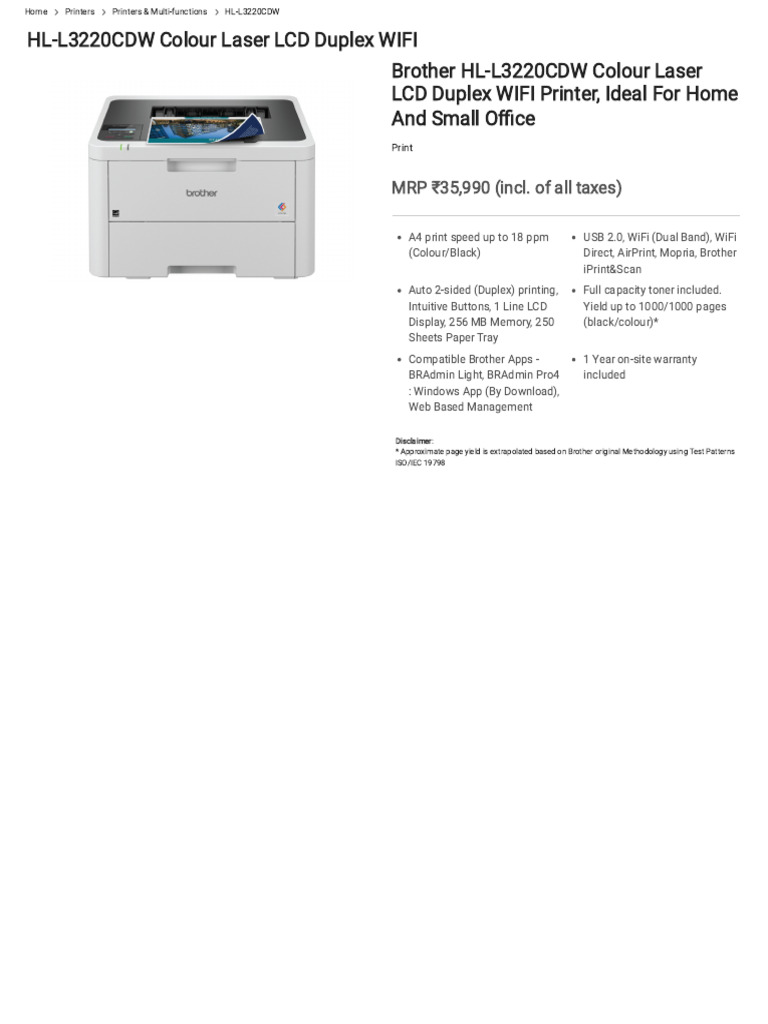HL-L3220CDW Colour Laser LCD Duplex WIFI - Brother India | PDF | Office ...