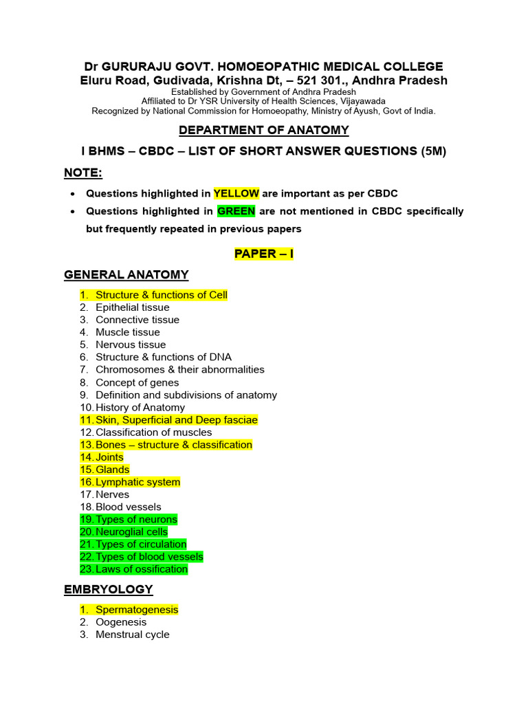 BHMS Anatomy Short Answer Questions | PDF | Abdomen | Circulatory System