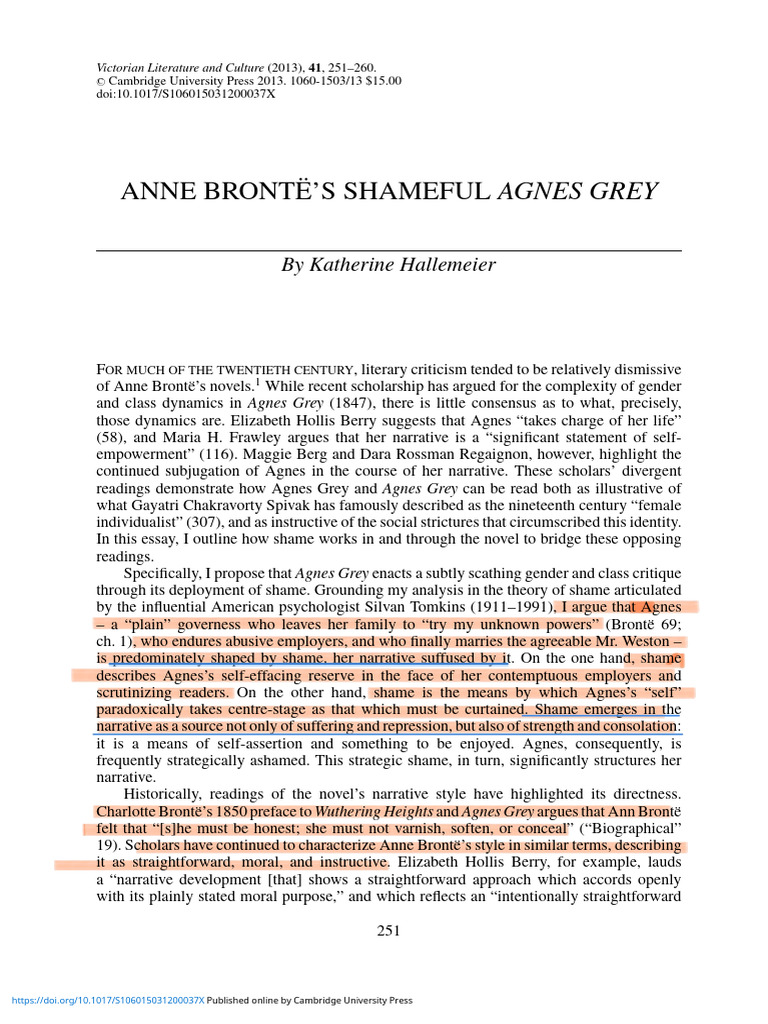Anne Brontes Shameful Agnes Grey | PDF | Agnes Grey | Shame