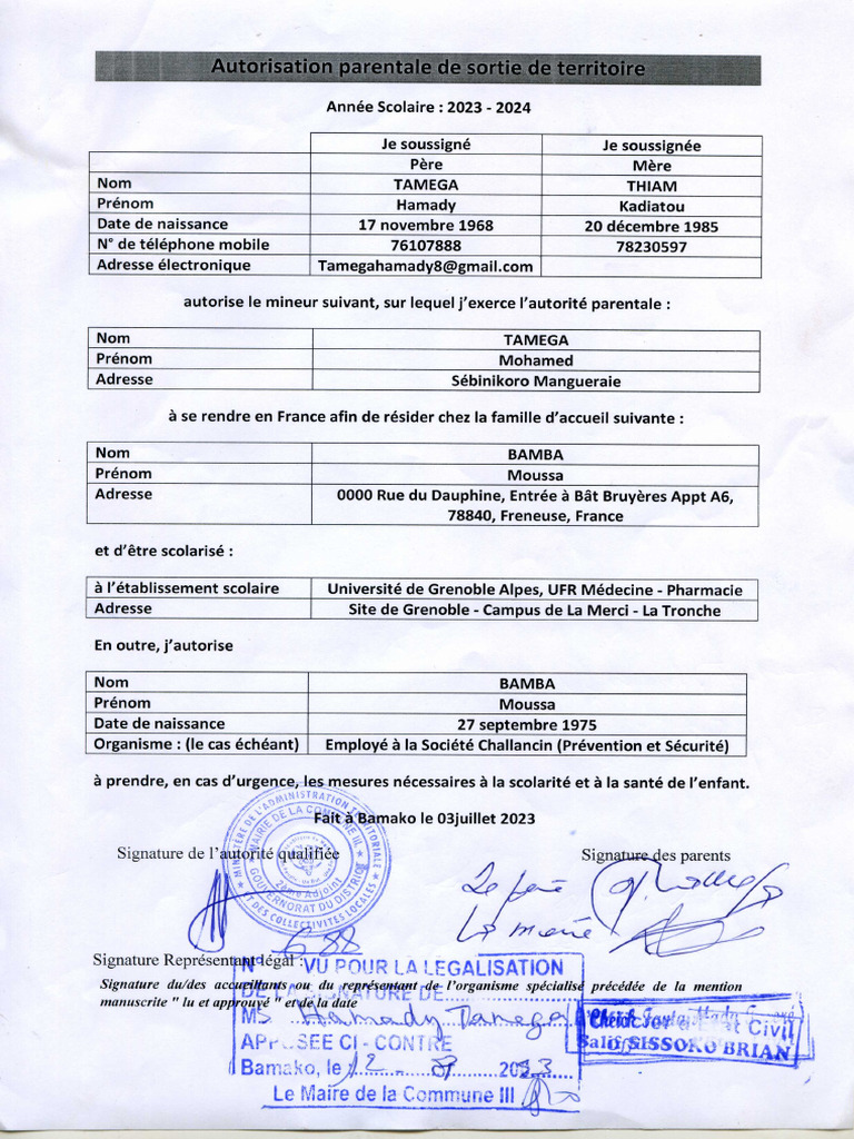 Autorisation Parentale de Sortie Du Territoire | PDF
