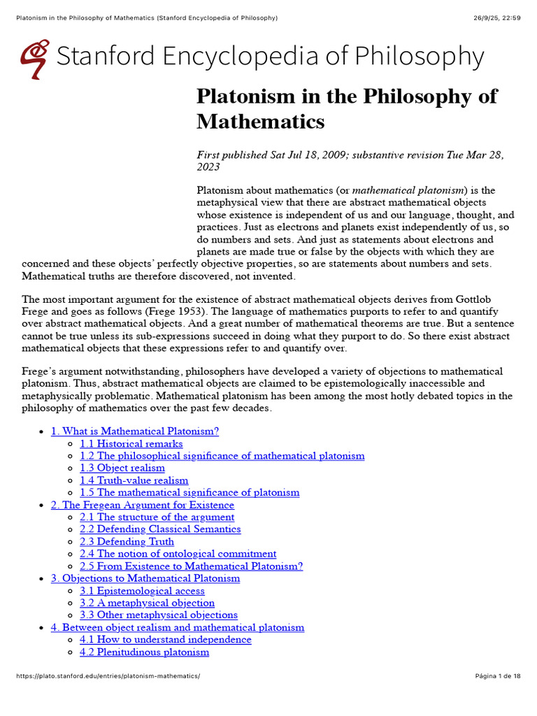 Platonism in The Philosophy of Mathematics (Stanford Encyclopedia of ...