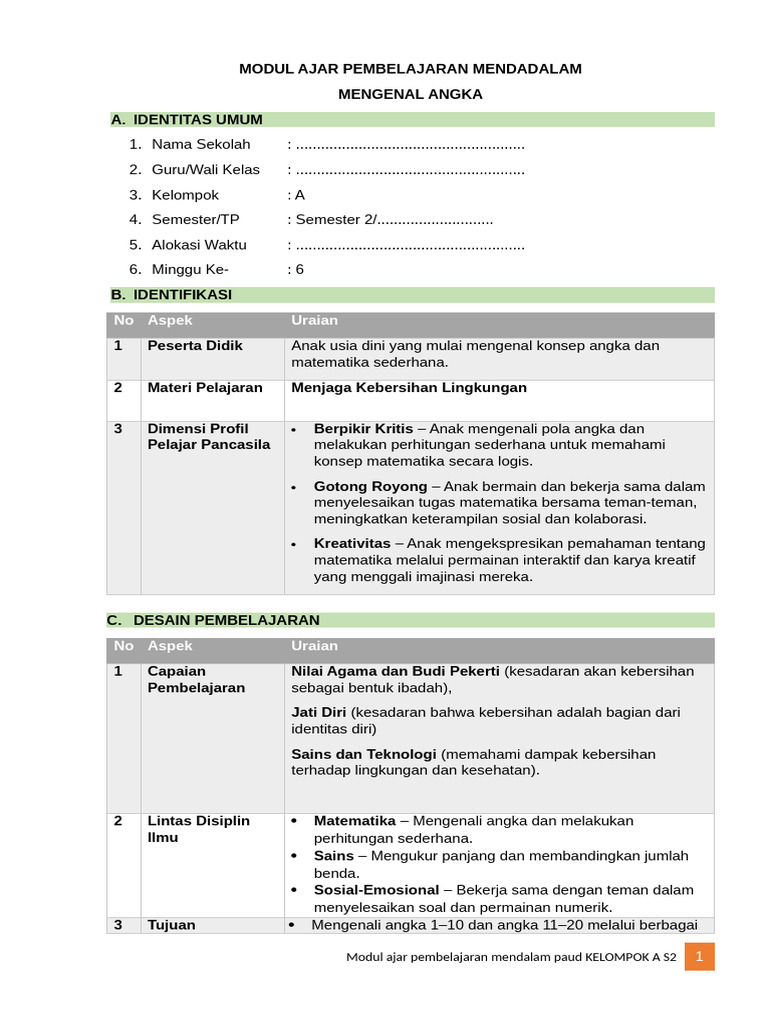 Modul Ajar Mengenal Angka PAUD Kelompok A | PDF
