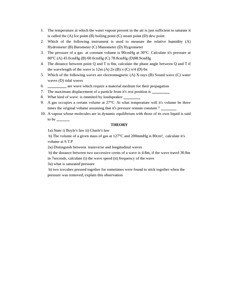 Physics Questions on Waves and Gases | PDF
