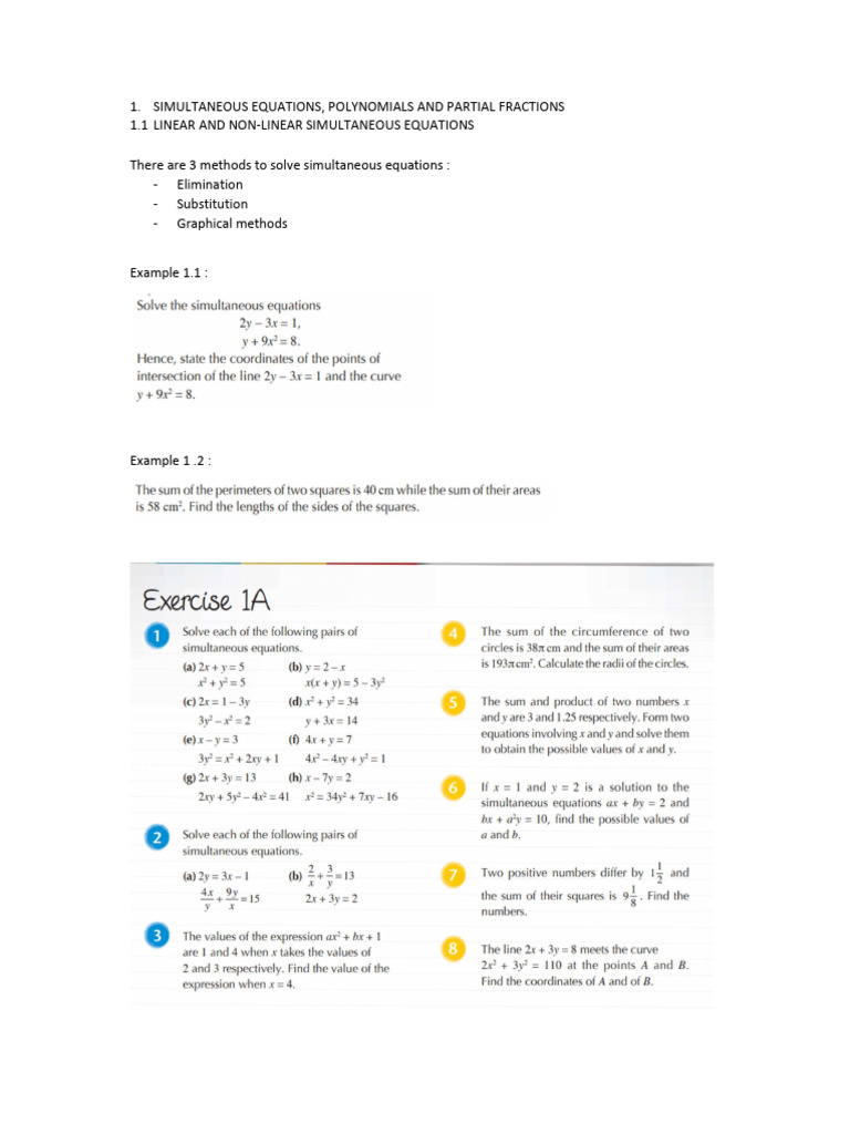 C1 Simultaneous Equations, Polynomials and Partial Fractions | PDF